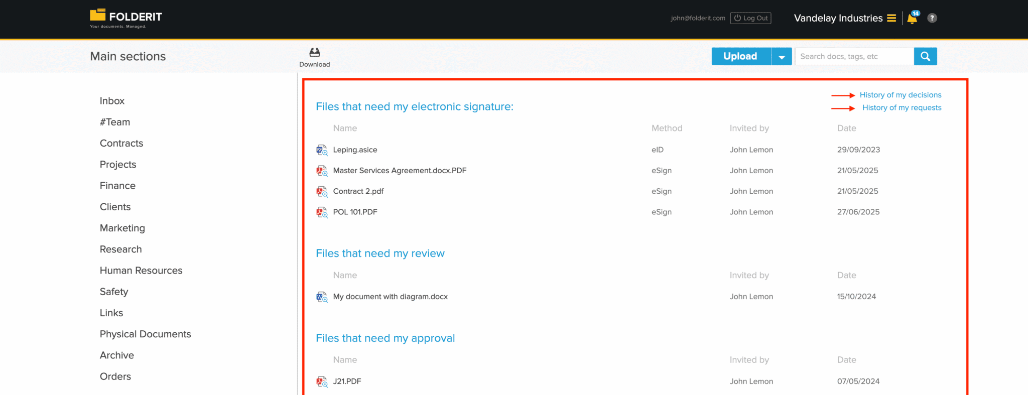 Personal Dashboard: Tasks & Requests - Document Management System Folderit